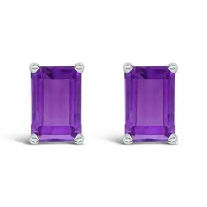 HAUS OF BRILLIANCE 14k Gold Emerald Cut Gemstone Stud Earrings - Purple Amethyst | White